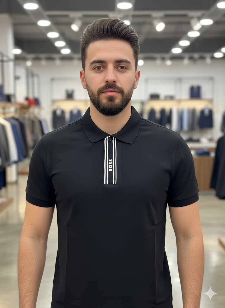 HG BSS BLACK POLO WITH LARGE TWO-TONE CHEST LOGO POLO T-SHIRT ...